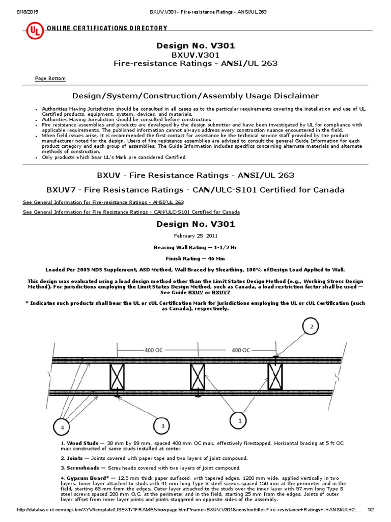 Design No. V301: BXUV.V301 Fire Resistance Ratings ANSI/UL 263 | PDF | Economic Sectors | Business