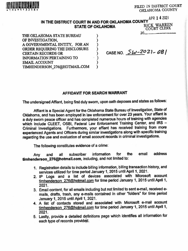 Judge Henderson Search Warrant | PDF