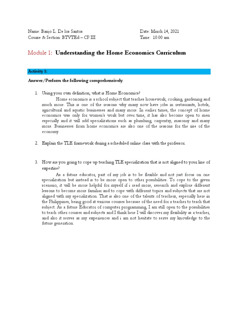 Understanding The Home Economics Curriculum: Activity 1: Answer/Perform ...