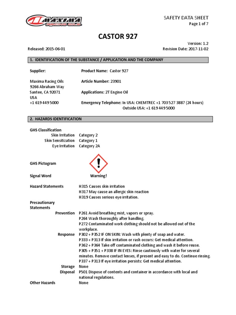 Castor 927: Safety Data Sheet | PDF | Volatile Organic Compound | Safety