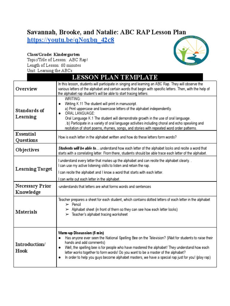 Savannah, Brooke, and Natalie: ABC RAP Lesson Plan | PDF | Lesson Plan ...