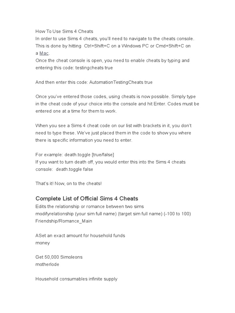 Complete List of Official Sims 4 Cheats | PDF