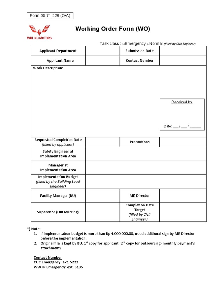 Working Order Form (WO) : (Filled by Applicant) | PDF
