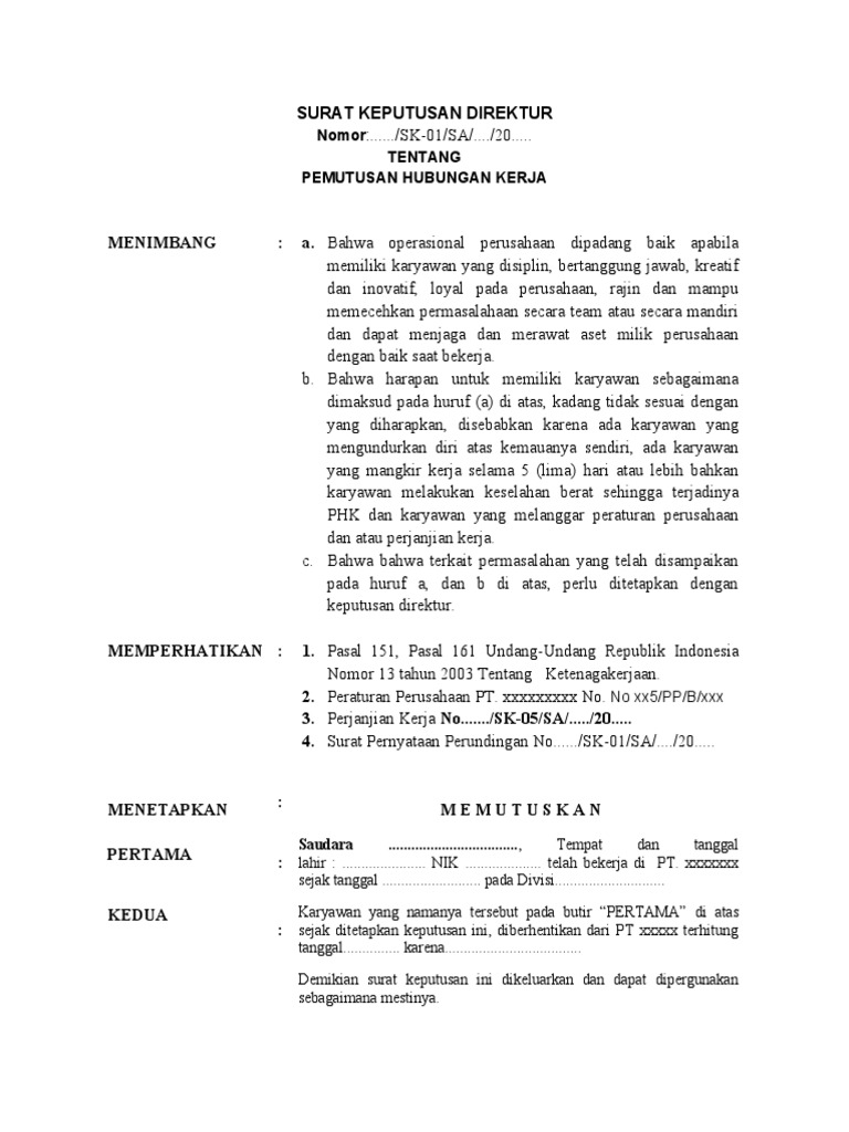 Surat Keputusan Direktur PHK | PDF