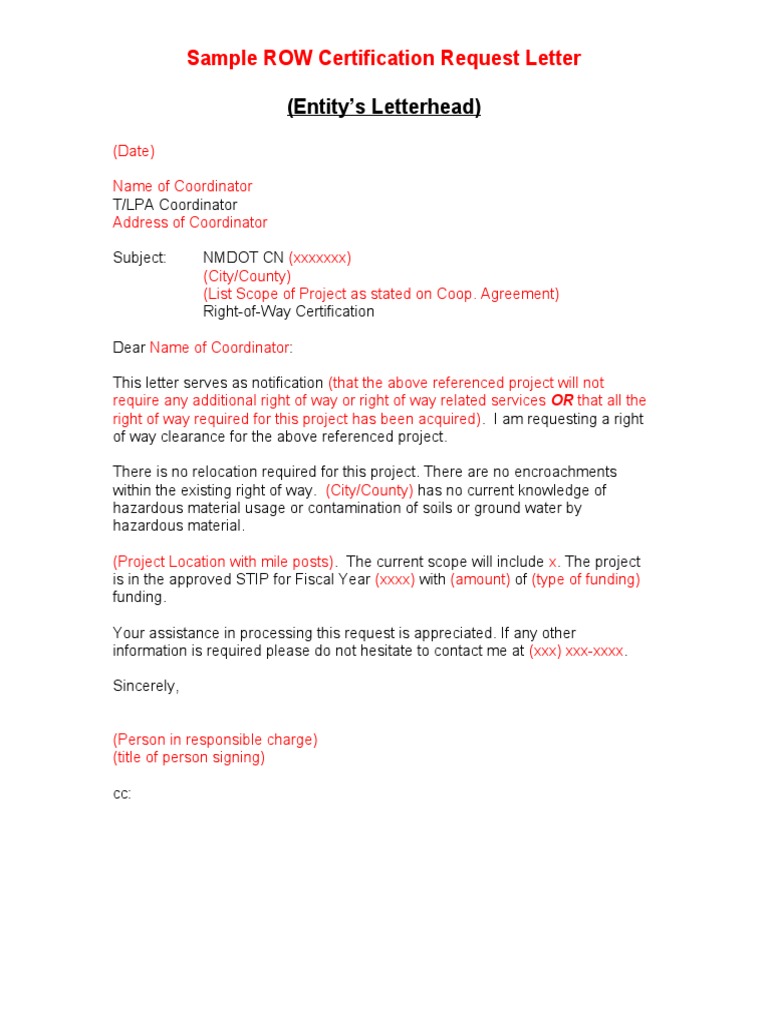 ROW Certification Request Sample Letter | PDF | Law