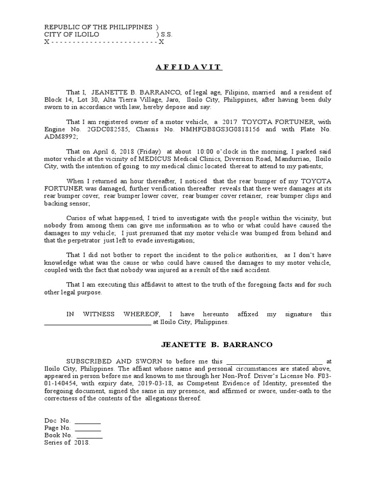 Affidavit - CAR Insurance Claim - JEANETTE B. BARRANCO - APRIL 2018 ...