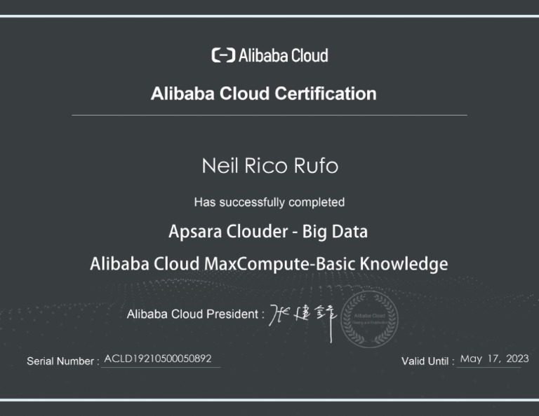 Certification - Alibaba Cloud MaxCompute Basic Knowledge - Neil Rufo | PDF