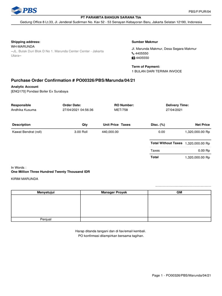 Purchase Order Confirmation # PO00326/PBS/Marunda/04/21 | PDF