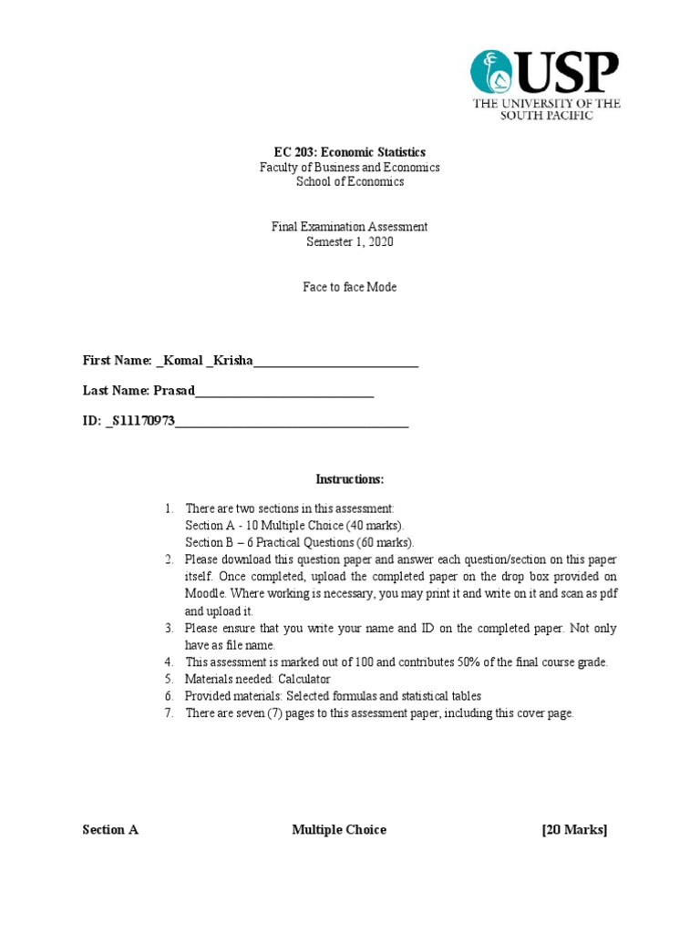 EC 203 Final Exam Assessment S11170973 | PDF | Degrees Of Freedom ...