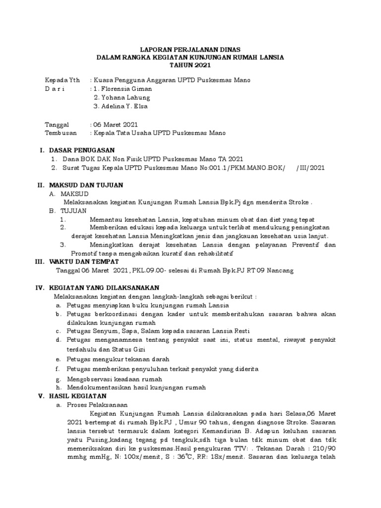 Laporan Perjalanan Dinas Dalam Rangka Kegiatan Kunjungan Rumah Lansia TAHUN 2021 | PDF