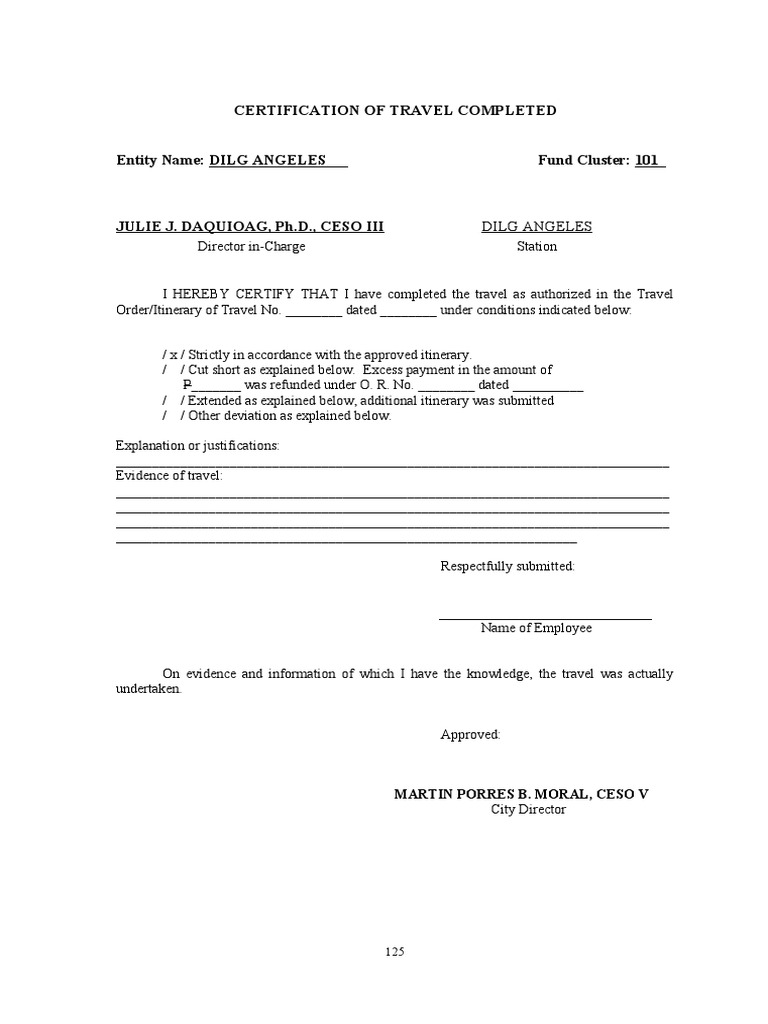 Certification of Travel Completed | PDF