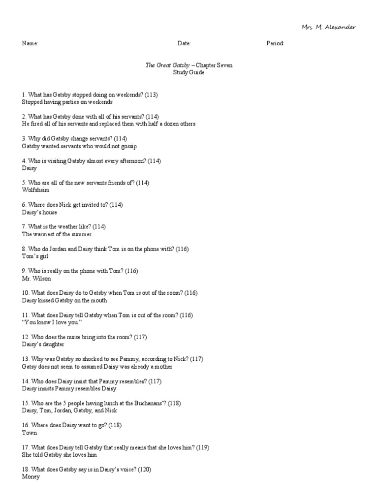 Gatsby Study Guide Chapter Seven | PDF | The Great Gatsby