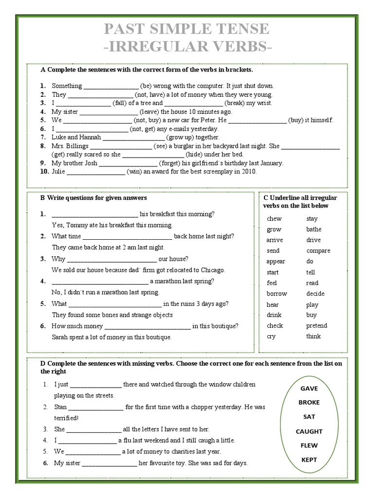 Past Simple Tense - Irregular Verbs-: Gave Broke SAT Caught Flew Kept ...