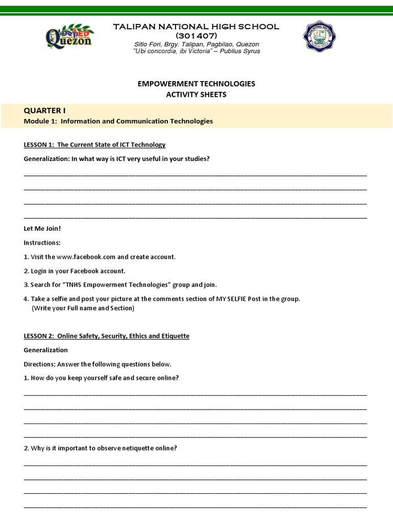 Empowerment Technologies Activity Sheets | PDF | Educational Technology ...