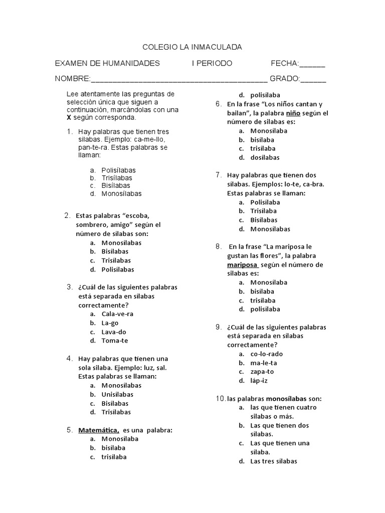 Examen de sílabas para primaria | PDF