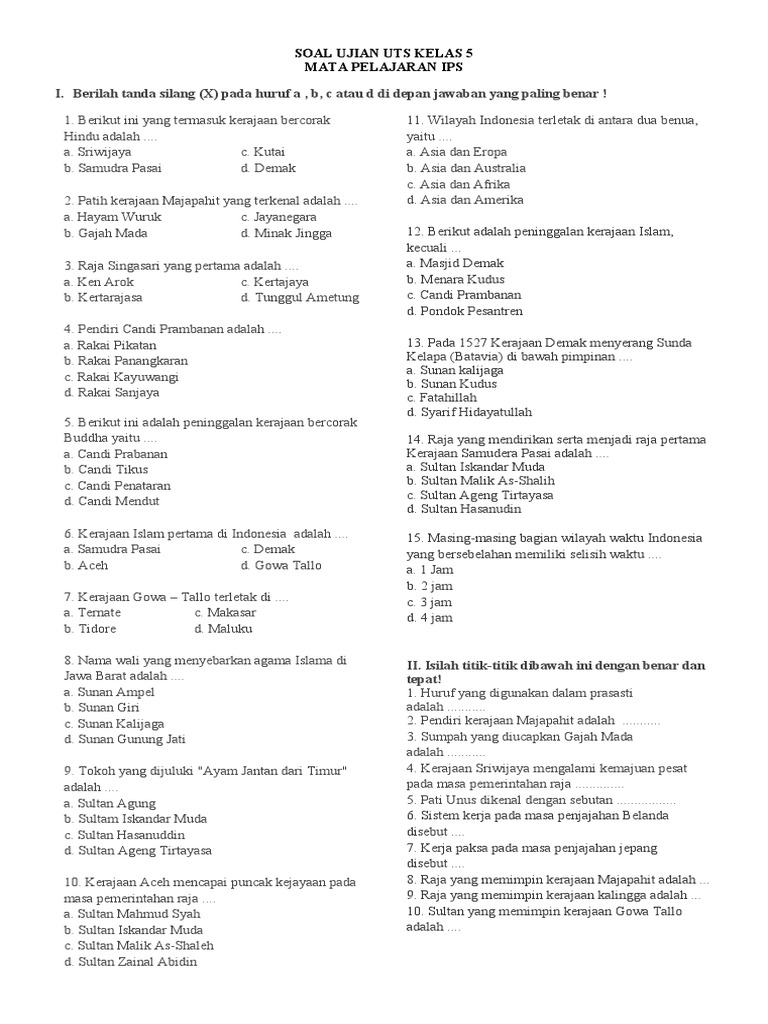 Soal Ujian Uts Ips Kelas 5 | PDF