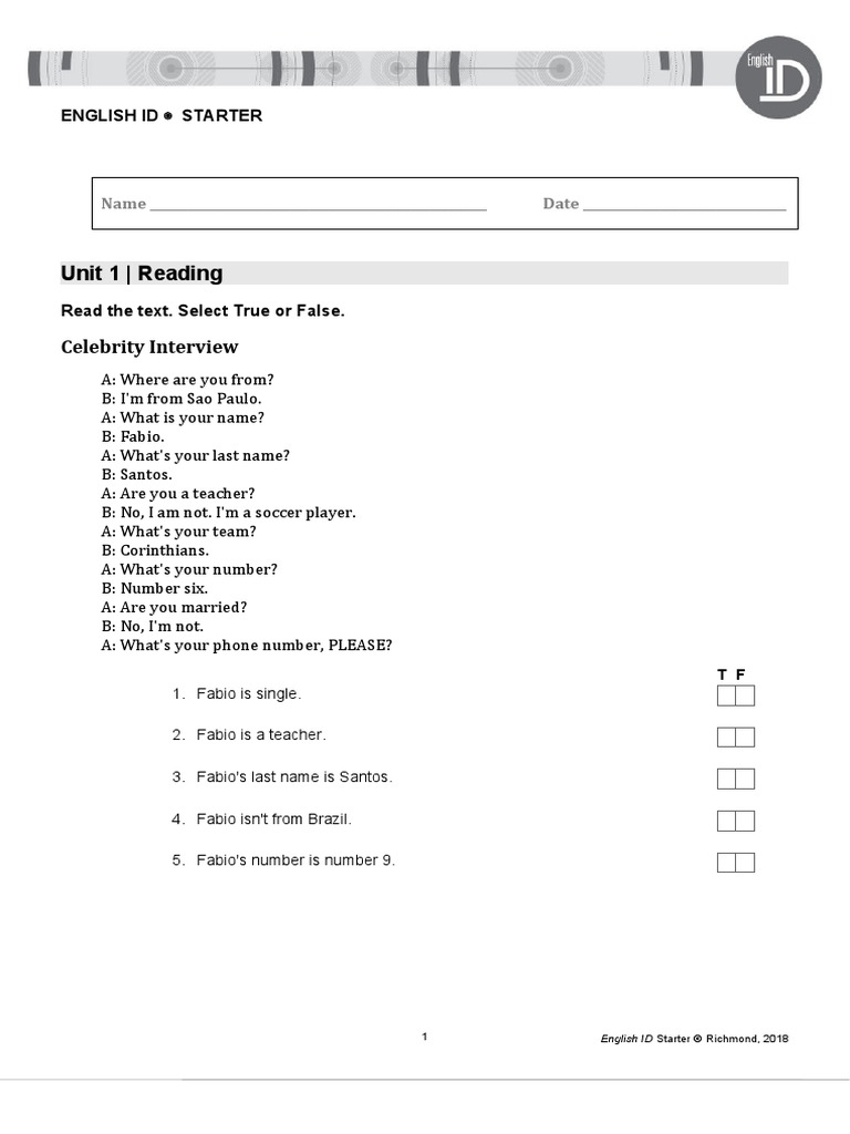 English ID Starter: Unit 1 Overview | PDF | English Language | Question