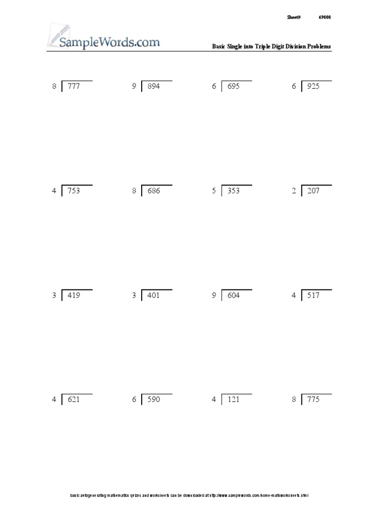 Basic Single Into Triple Digit Division Problems: Sheet# 69000 | PDF