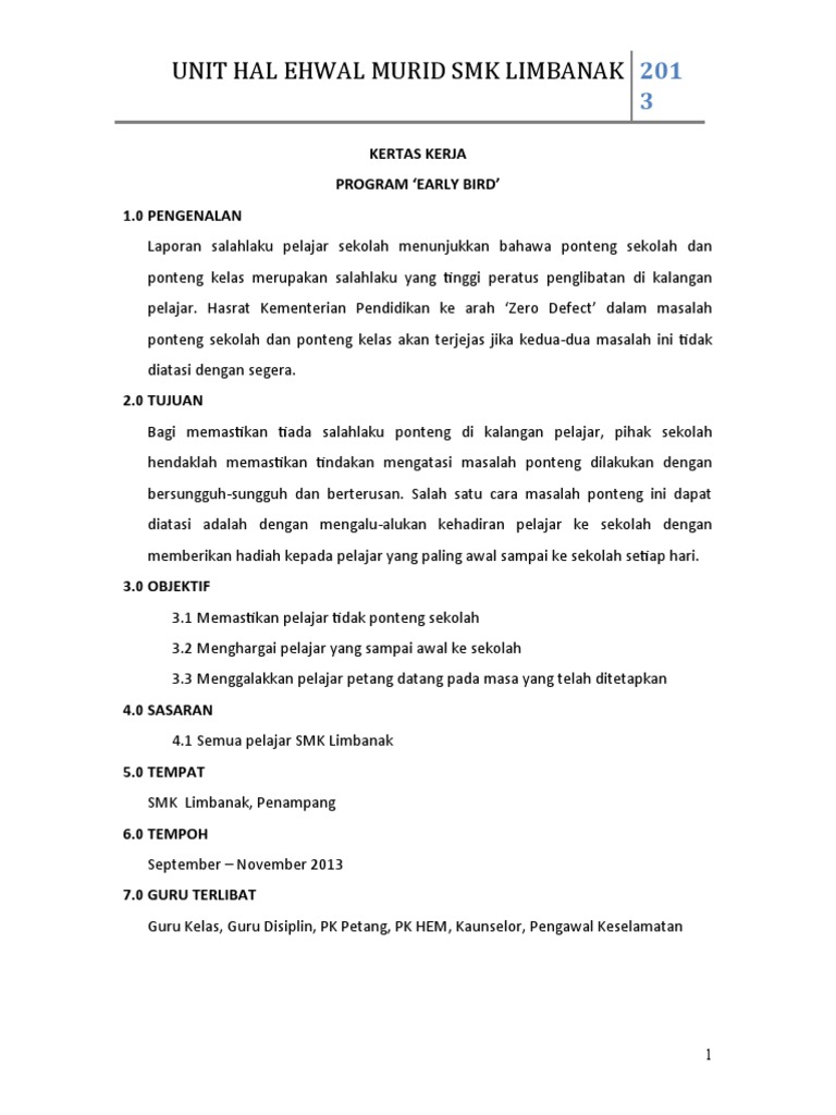 Program Early Bird SMK Limbanak | PDF