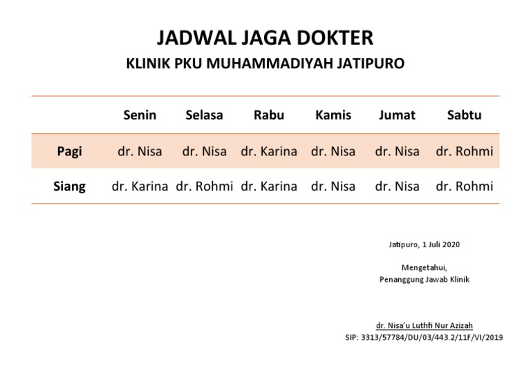 Jadwal Jaga Dokter Klinik PKU JTP Juli 2020 | PDF