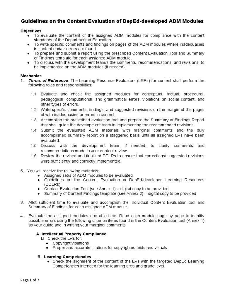 Guidelines in Content Evaluation For DepEd-Developed LRs | PDF ...