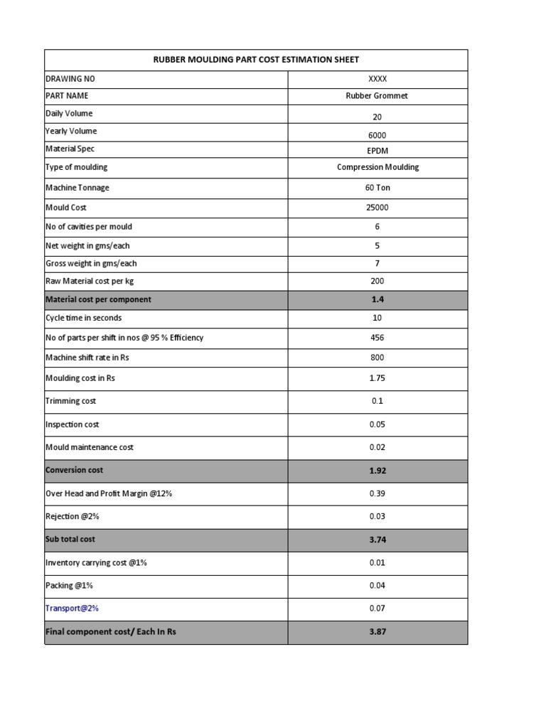 Rubber Component Cost Estimation Sheet | PDF