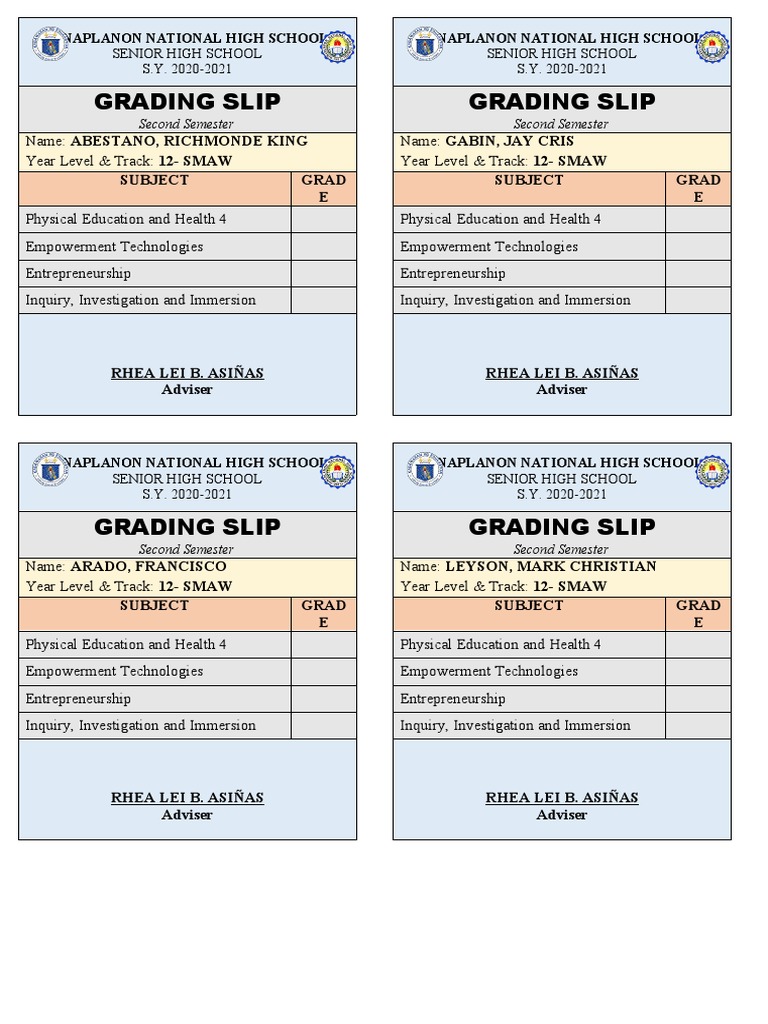TVL Grading Slip 2nd Sem | PDF | Physical Education | Sports