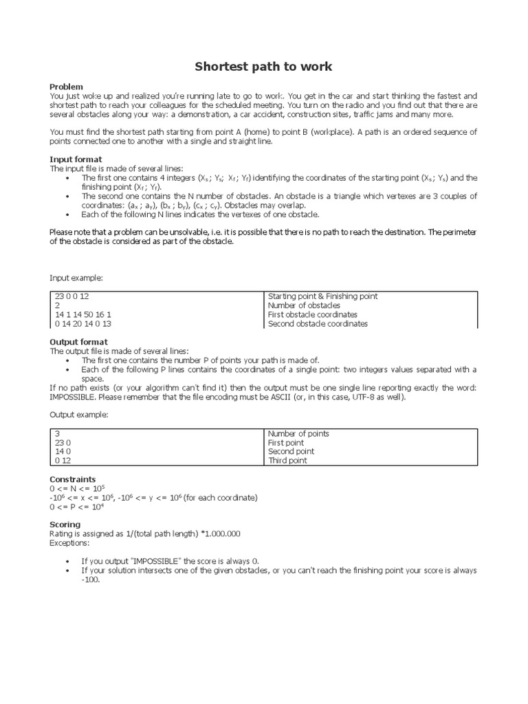 Shortest Path To Work: Problem | PDF | Discrete Mathematics | Computer ...