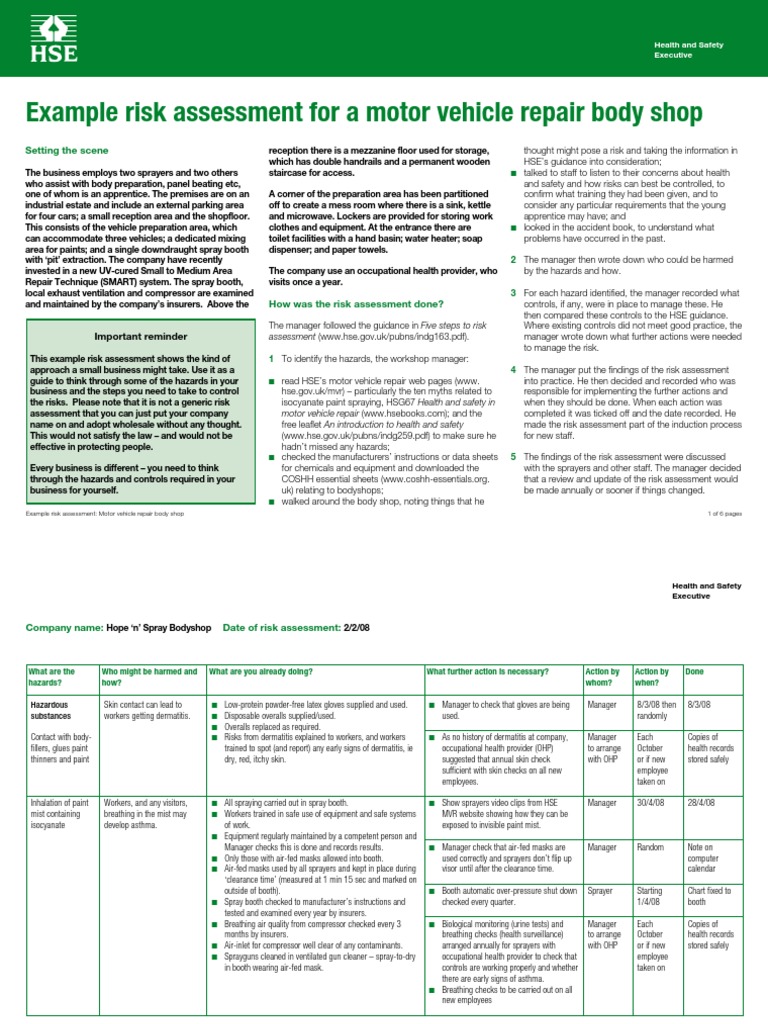 Example Risk Assessment For A Motor Vehicle Repair Body Shop | PDF ...