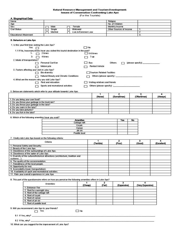 Lake Apo Tourism Survey Questionnaire | PDF | Tourism | Tourism And Leisure