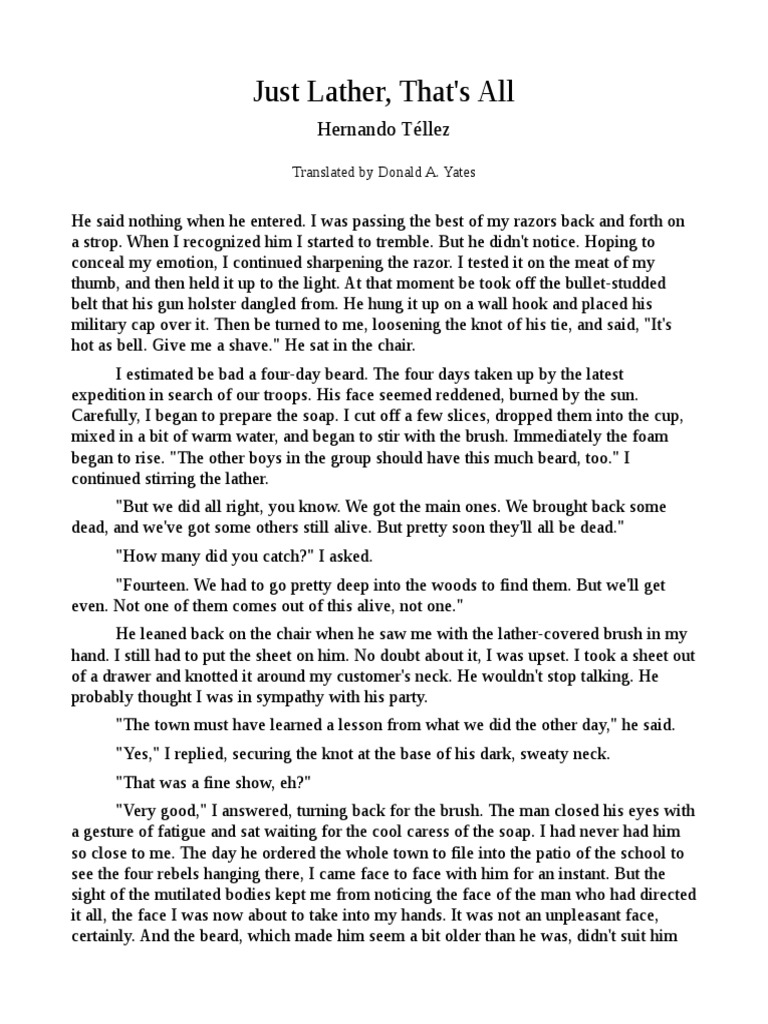 Just Lather Thats All Hernando Téllez | PDF | Razor | Beard