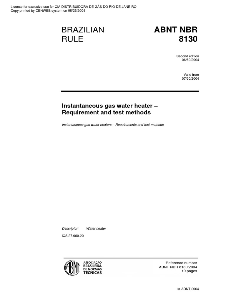 NBR 8130: Instantaneous Gas Water Heaters | PDF | Gases | Combustion