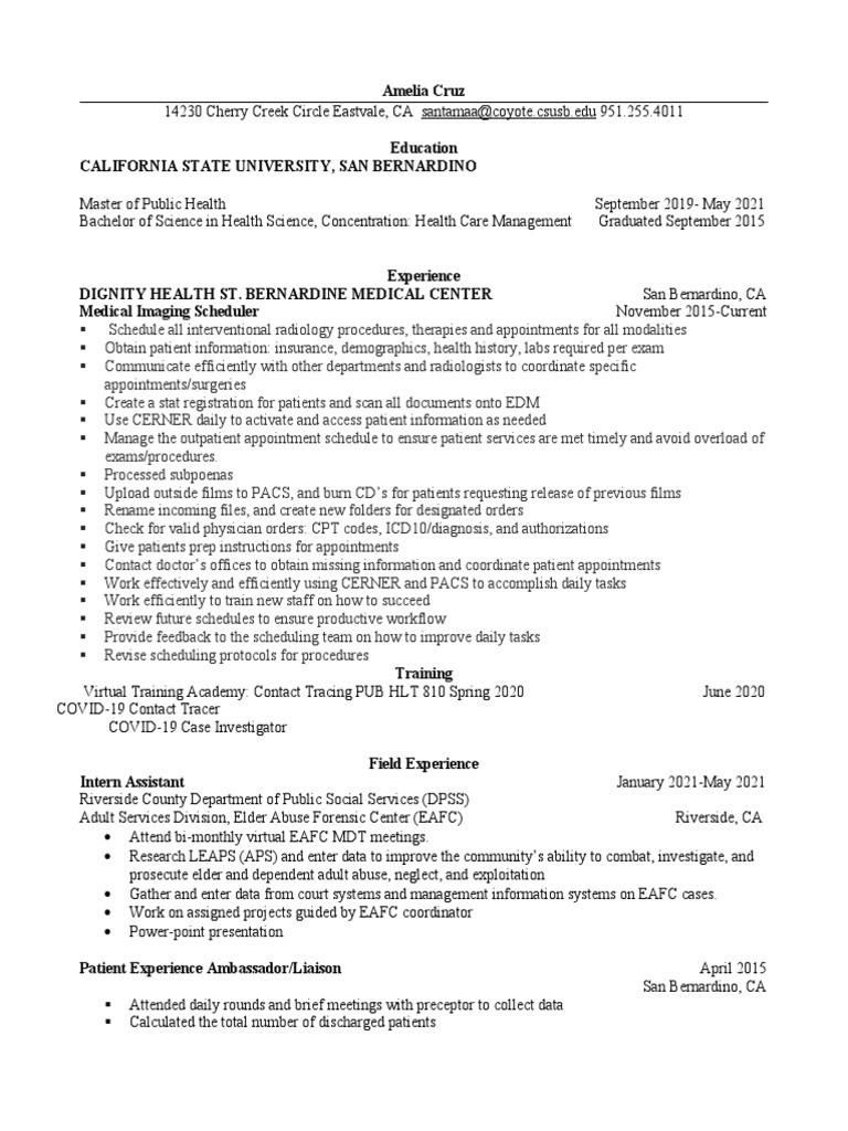 Amelia Cruz Resume | PDF | Patient | Radiology