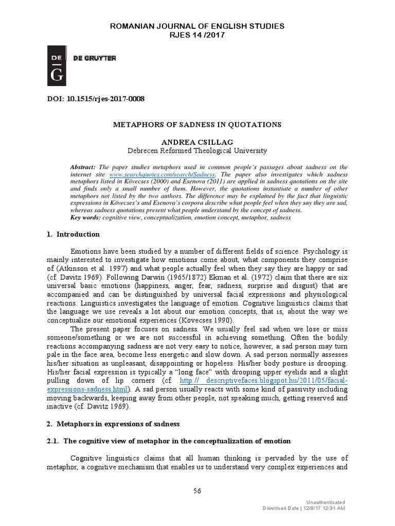 Metaphors of Sadness in Quotations | PDF | Metaphor | Emotions