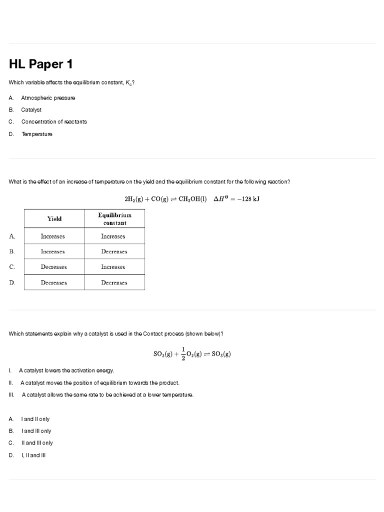 Unit 7 - Chemical Equilibrium - HL - Paper 1 - 1.0 (Questions) | PDF ...