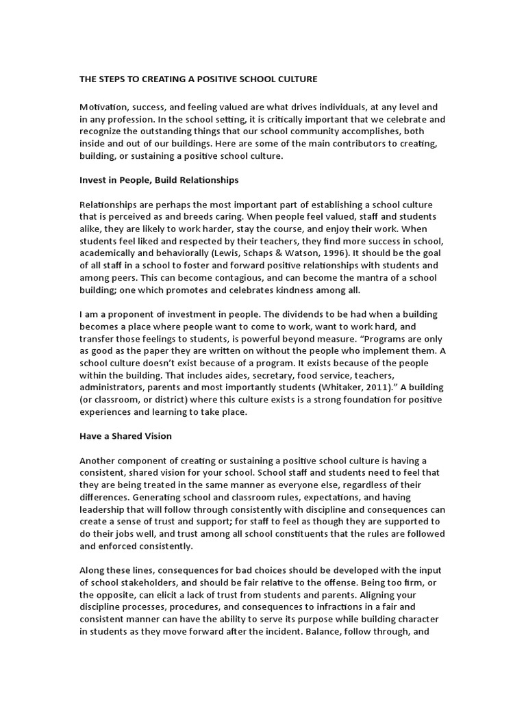 Steps to Build Positive School Culture | PDF | Teachers | Leadership