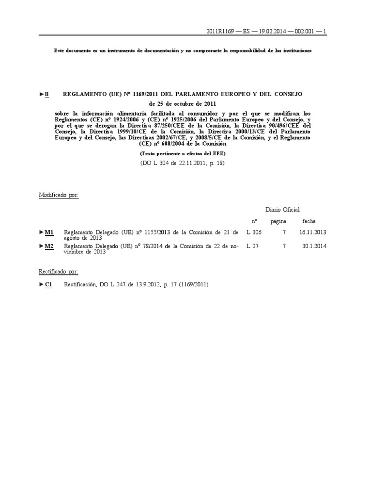 Reglamento 1169-2011 - Consolidado | PDF | Etiqueta de información nutricional | Alimentos