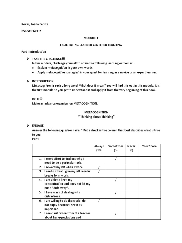MODULE 1-Facilitating Learner-Centered Teaching | PDF | Metacognition ...