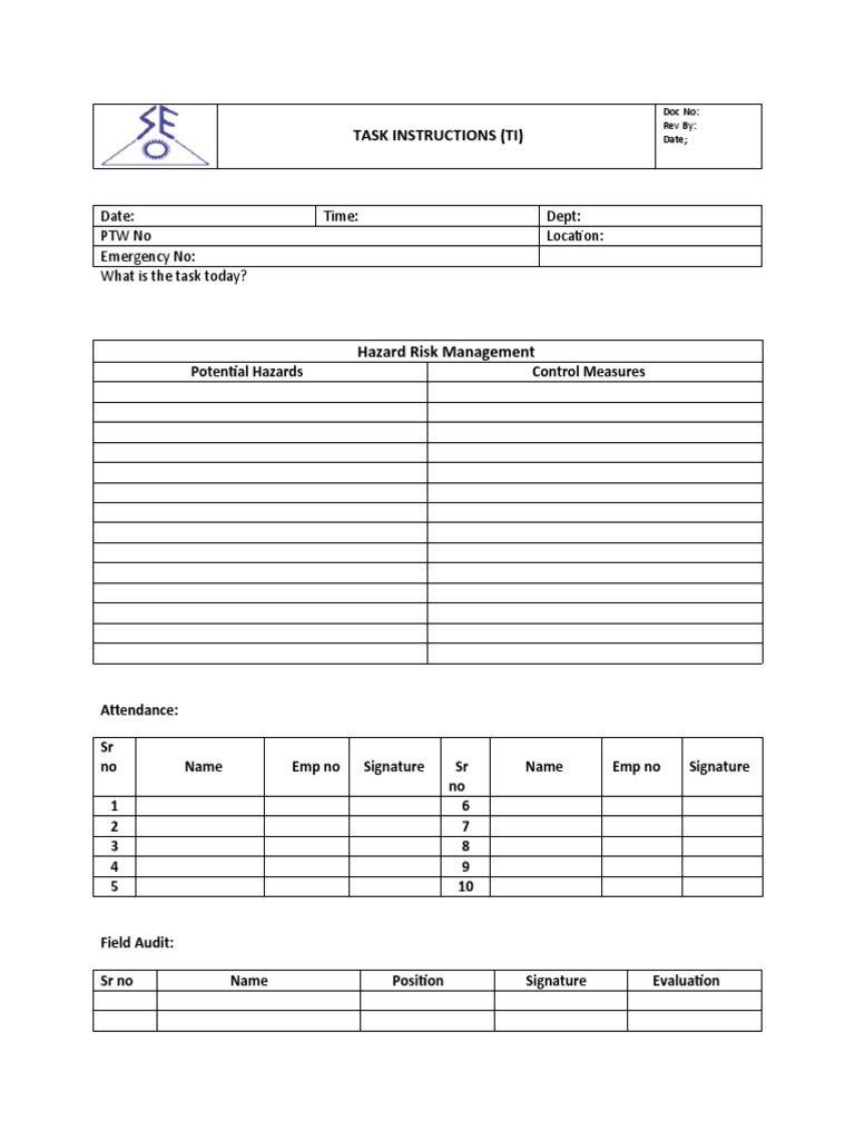 Task Instructions (Ti) : Date: Time: Dept: PTW No Location: Emergency ...