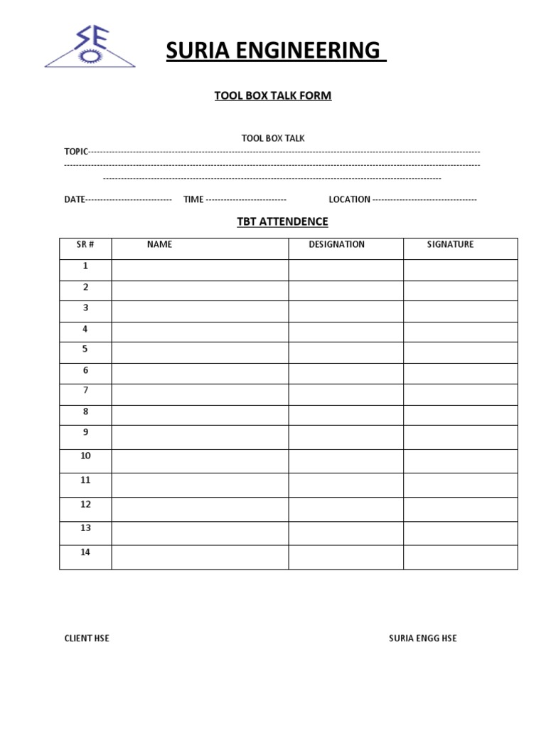 Suria Engineering Toolbox Talk Form | PDF