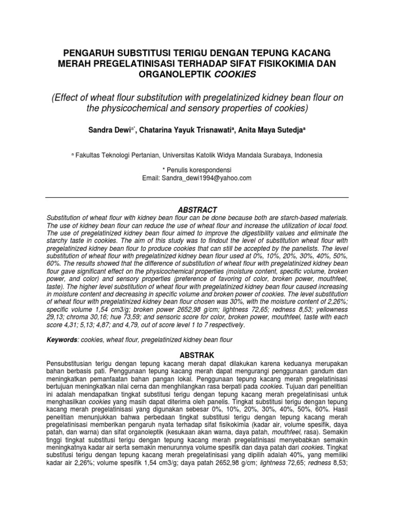 Pengaruh Substitusi Terigu Dengan Tepung Kacang Merah Pregelatinisasi Terhadap Sifat Fisikokimia ...
