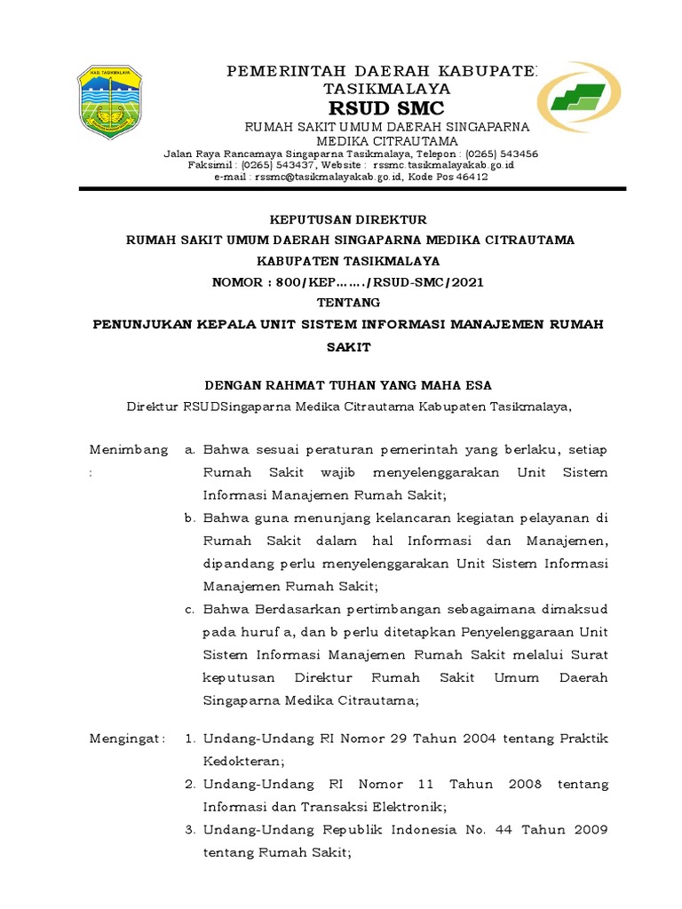 Penunjukan Kepala Unit SIM RSUD SMC | PDF