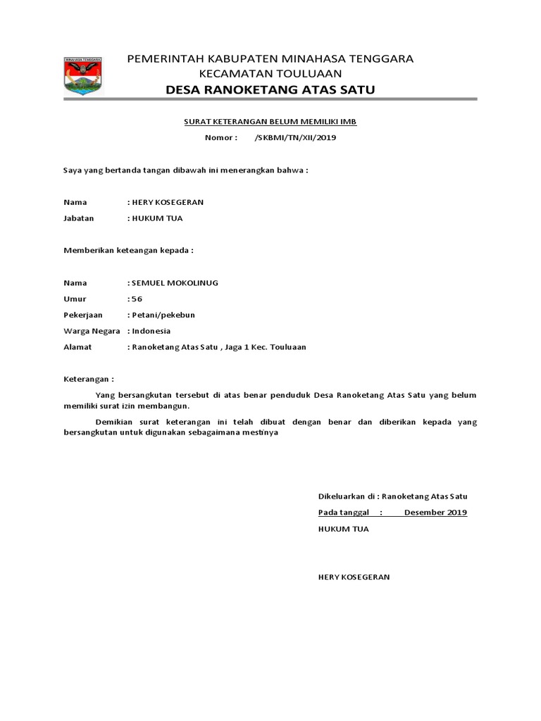 Surat Keterangan Belum Memilki Imb | PDF