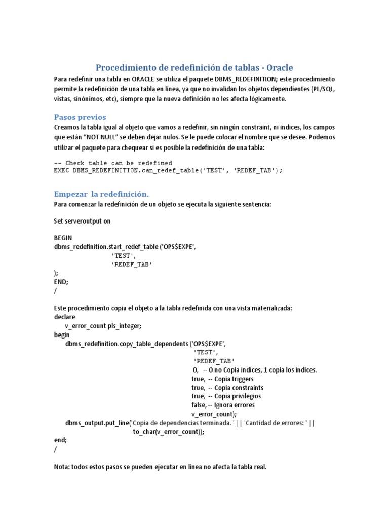 Oracle Procedimiento de Redefinicion de Tablas | PDF | Pl / Sql | Datos