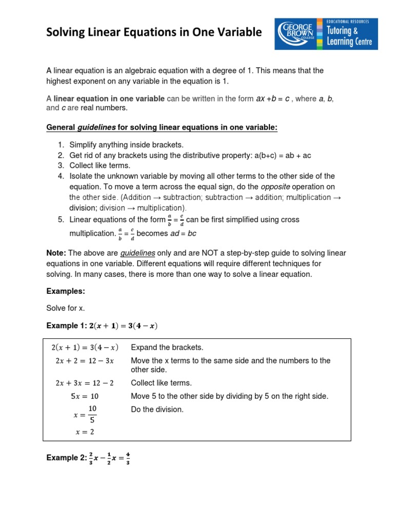 Solving Linear Equations in One Variable: Ax +B C A B C | PDF ...