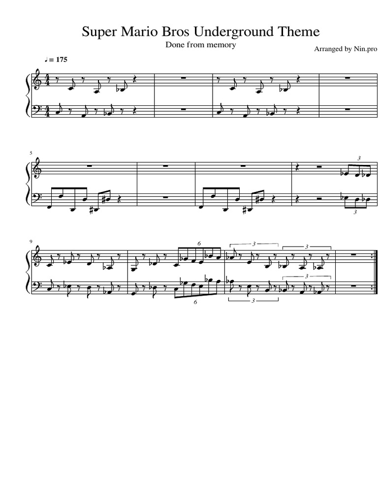 Super Mario Bros Underground Piano Sheet | PDF | Game Design | Action ...