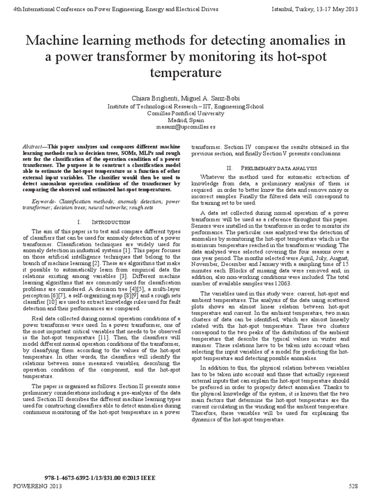 Machine Learning Methods For Detecting Anomalies In A Power Transformer By Monitoring Its Hot