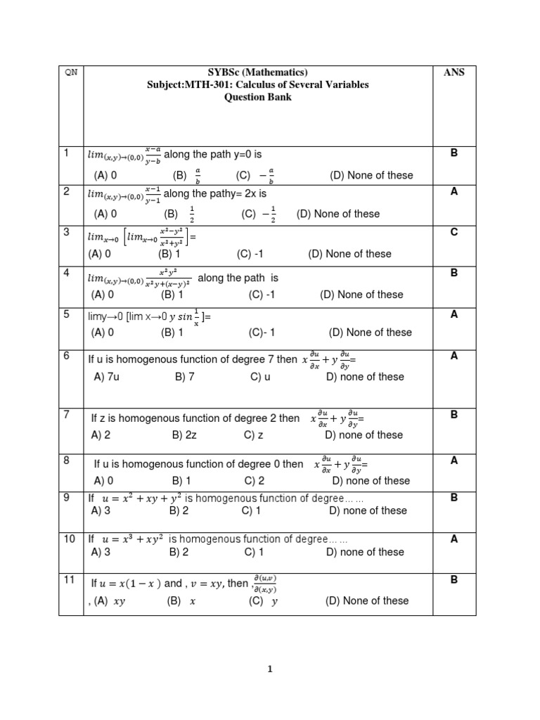 MTH-301 Calculus Question Bank | PDF | Function (Mathematics ...