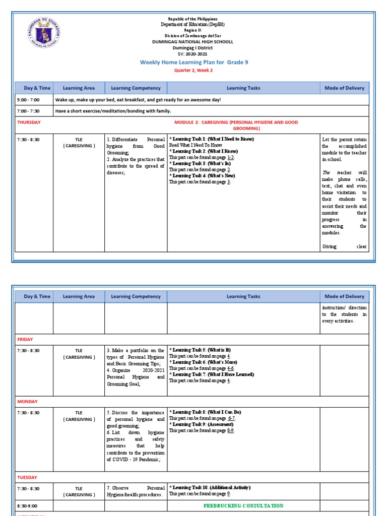 Weekly Home Learning Plan For Grade 9: Learning Area Learning ...