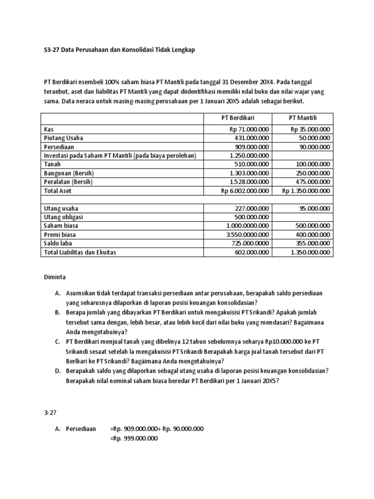 S3-27 Data Perusahaan Dan Konsolidasi Tidak Lengkap | PDF | Pengelolaan Keuangan & Uang